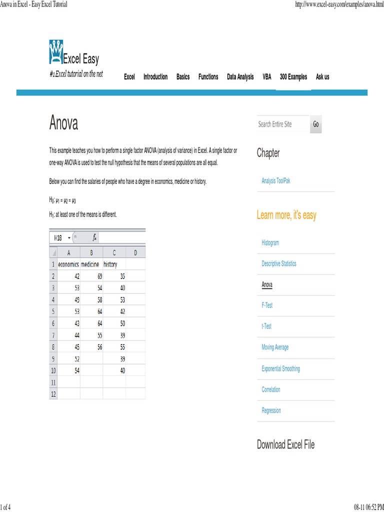 Anova in Excel - Easy Excel Tutorial | PDF | Microsoft Excel | Analysis ...