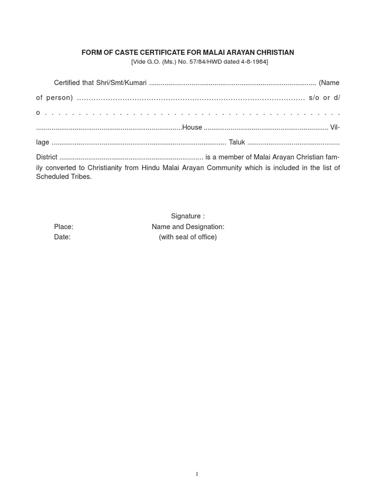 Caste Certificate for Malai Arayan Christians | PDF