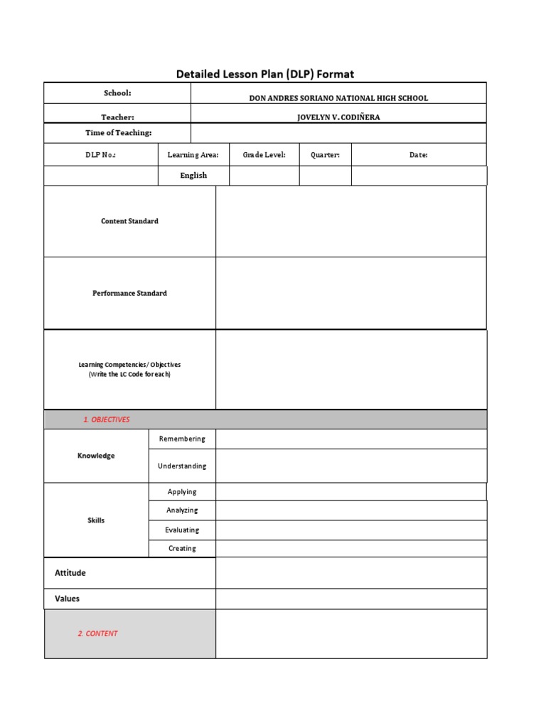 Detailed Lesson Plan (DLP) Format | PDF