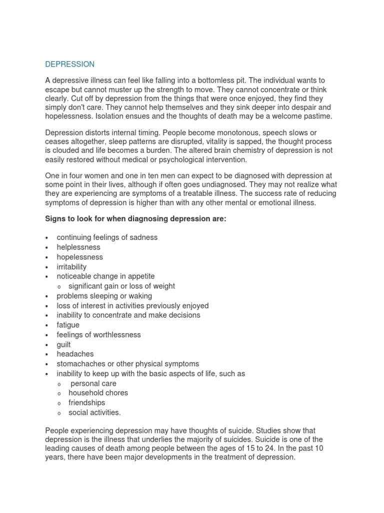 Depression: Signs To Look For When Diagnosing Depression Are | PDF ...