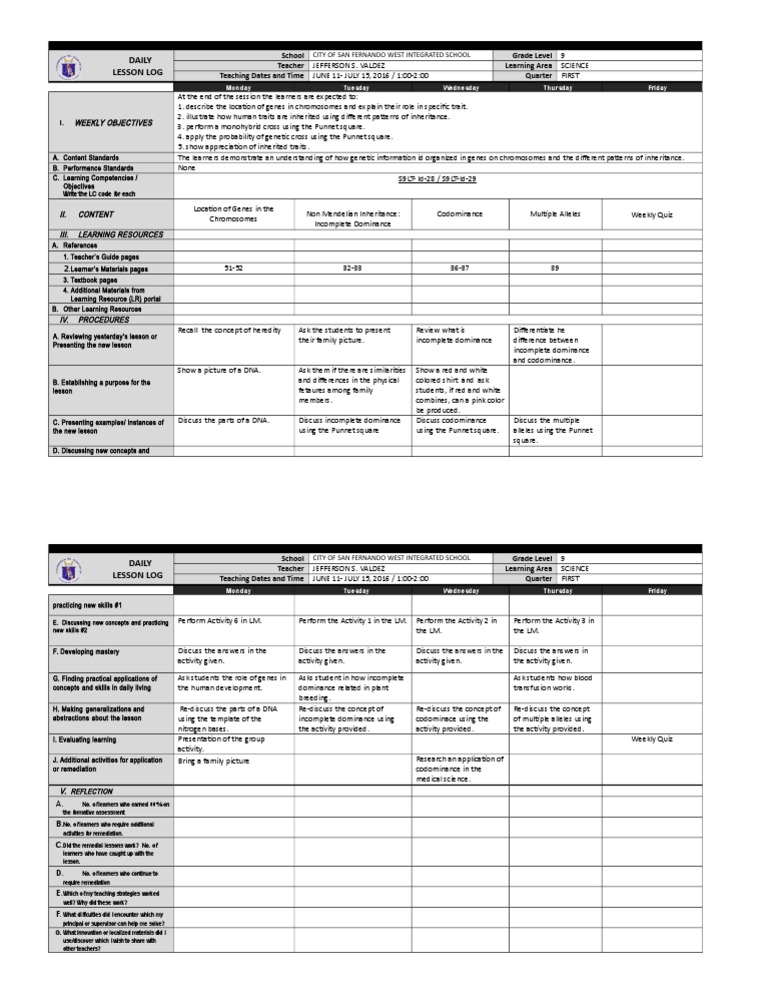 Grade 9 Science Lesson Plan on Genetics | PDF | Heredity | Dominance ...