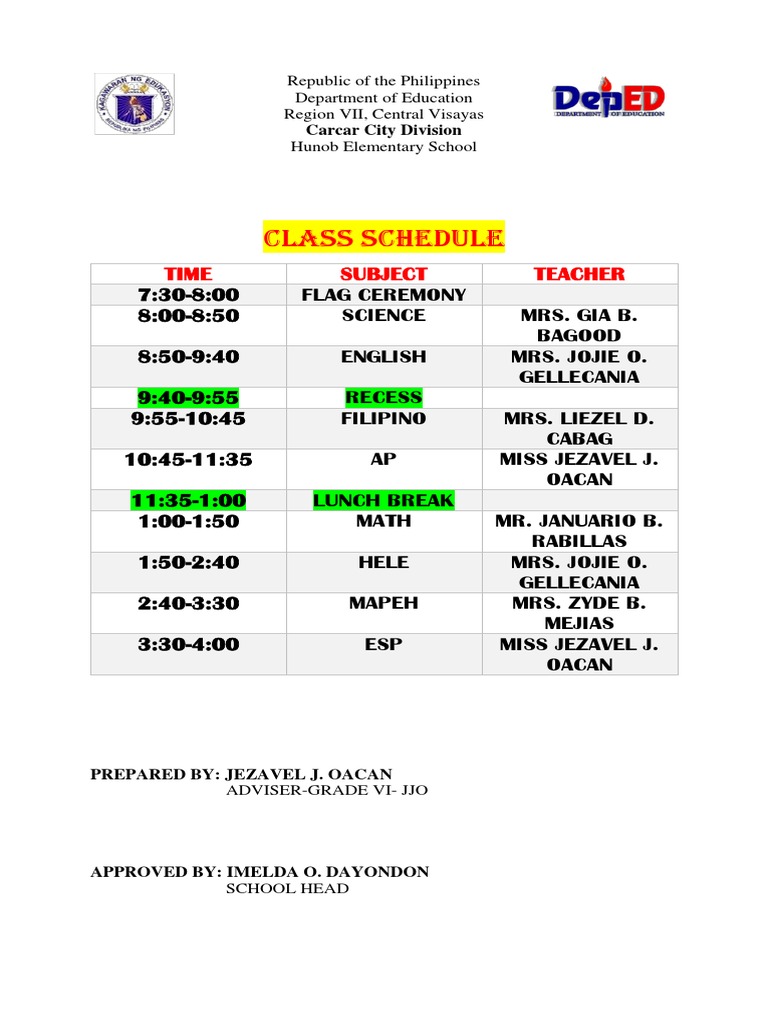 Class Schedule: Time Subject Teacher | PDF