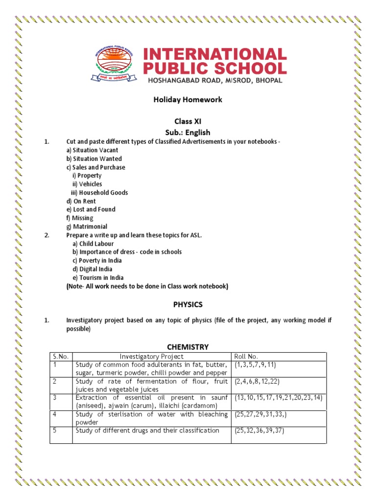 Holiday Homework Class XI | PDF | Mental Disorder | Leaf