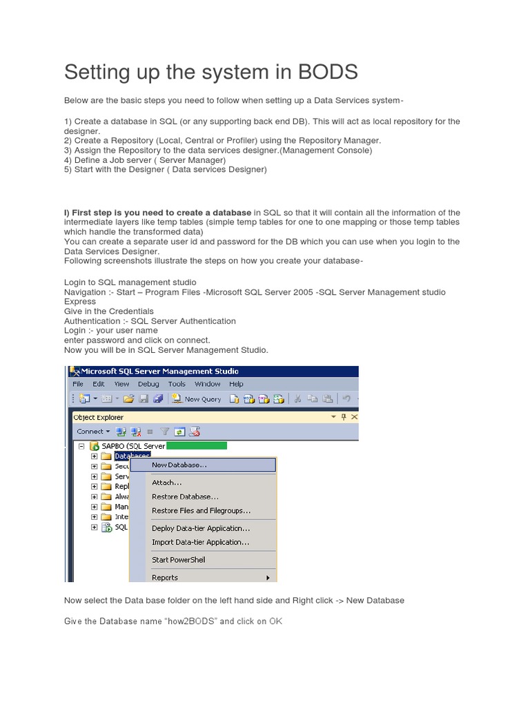 Setting Up The System In Bods Pdf Microsoft Sql Server Databases 
