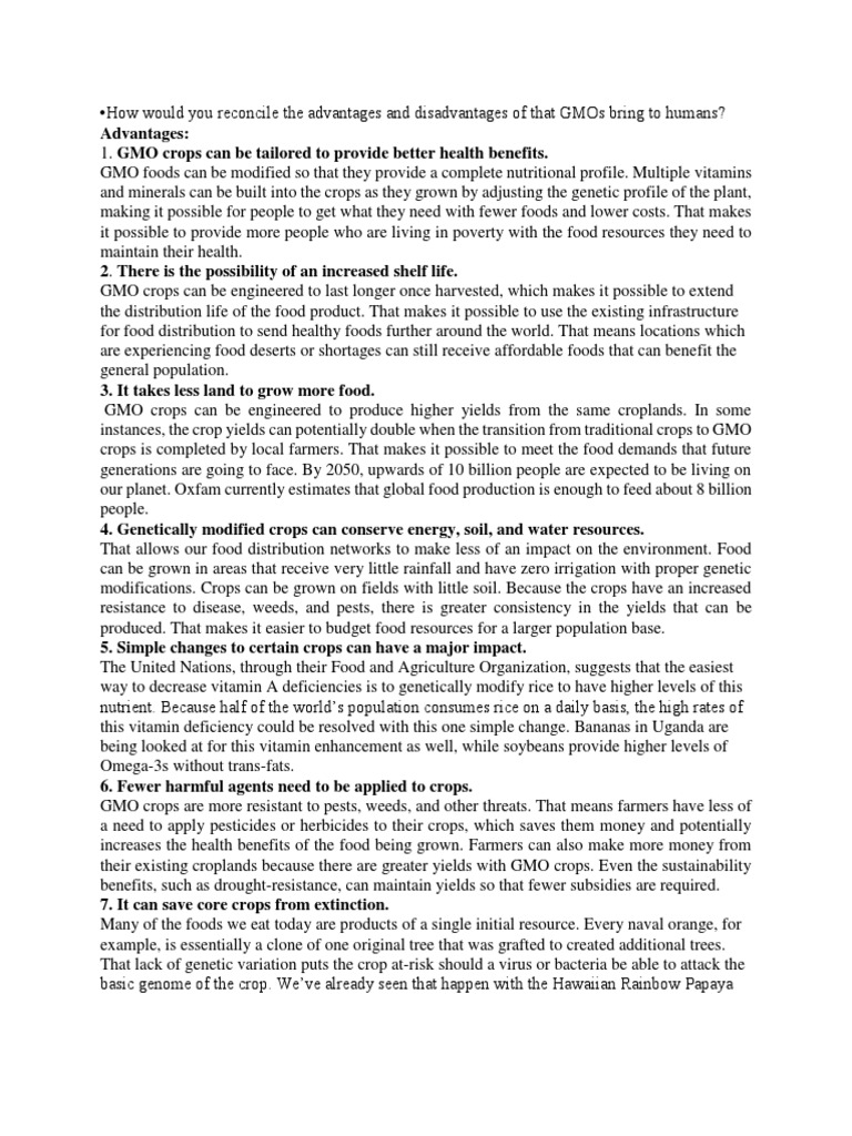 Advantages and Disadvantages of GMOs | PDF | Genetically Modified ...