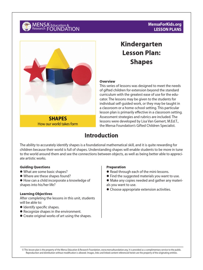 Kindergarten Lesson Plan: Shapes | PDF | Intellectual Giftedness ...