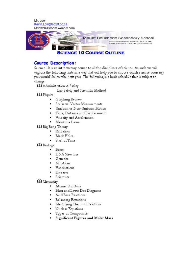 KL Science 10 Course Outline | PDF | Homework | Chemistry