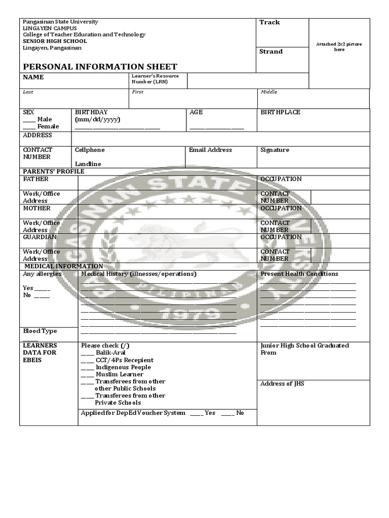Personal Information Sheet Template | PDF | Learning