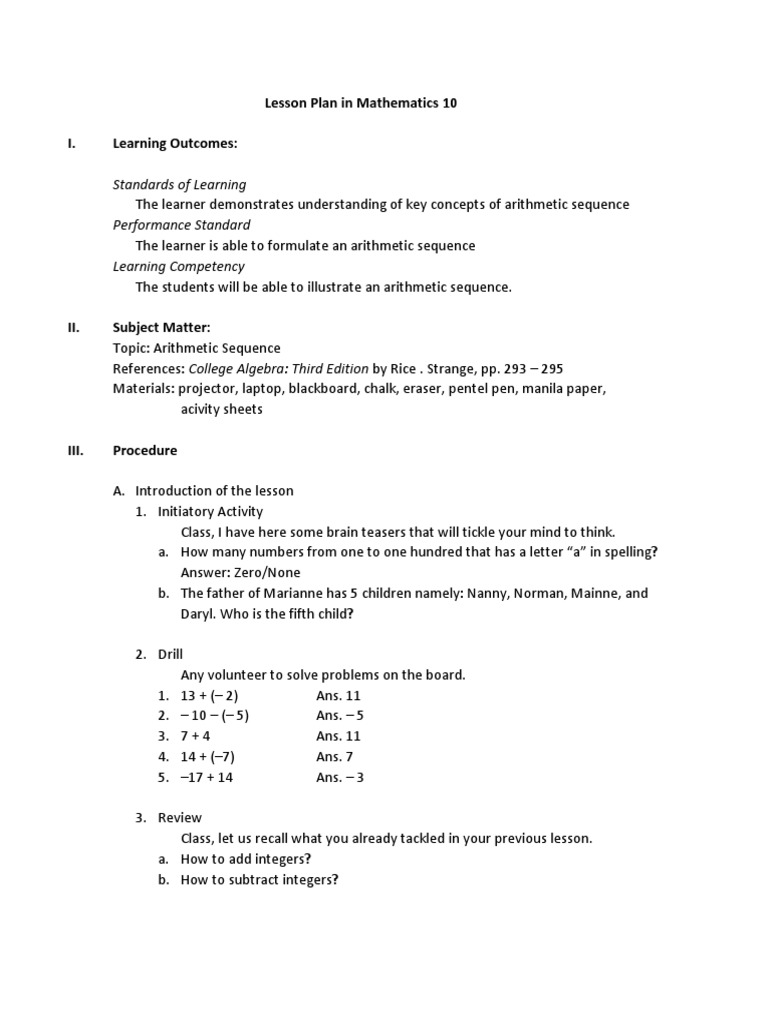 Lesson Plan in Mathematics | PDF | Arithmetic | Sequence