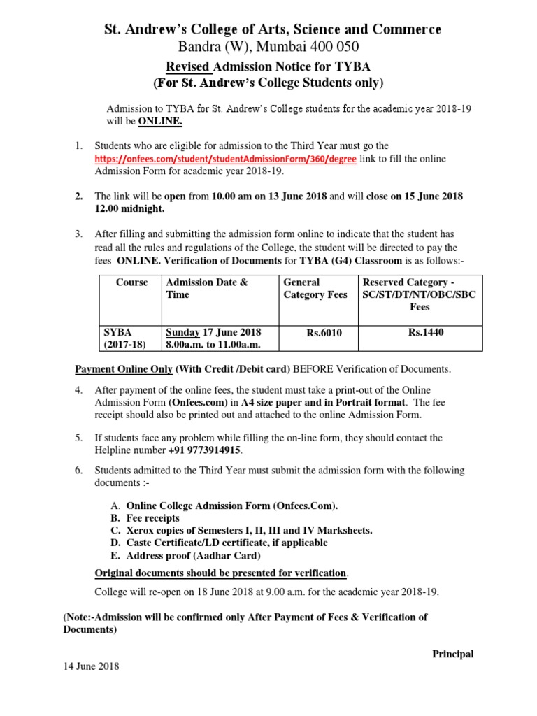 TYBA Admission Notice for St. Andrew's | PDF | Services (Economics ...