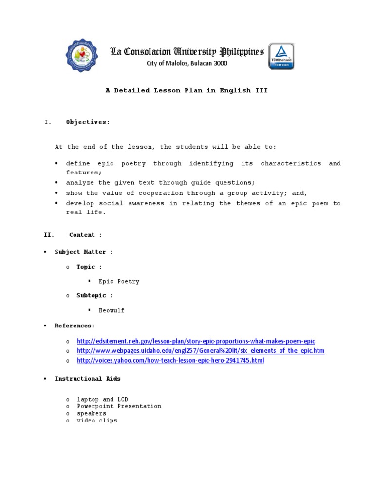 Epic Poetry Lesson Plan for English III | PDF | Beowulf | Epic Poetry
