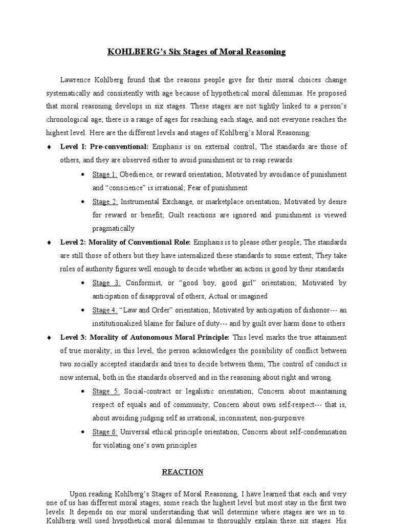 Kohlberg's Six Stages of Moral Reasoning Psychology) | Morality | Reason