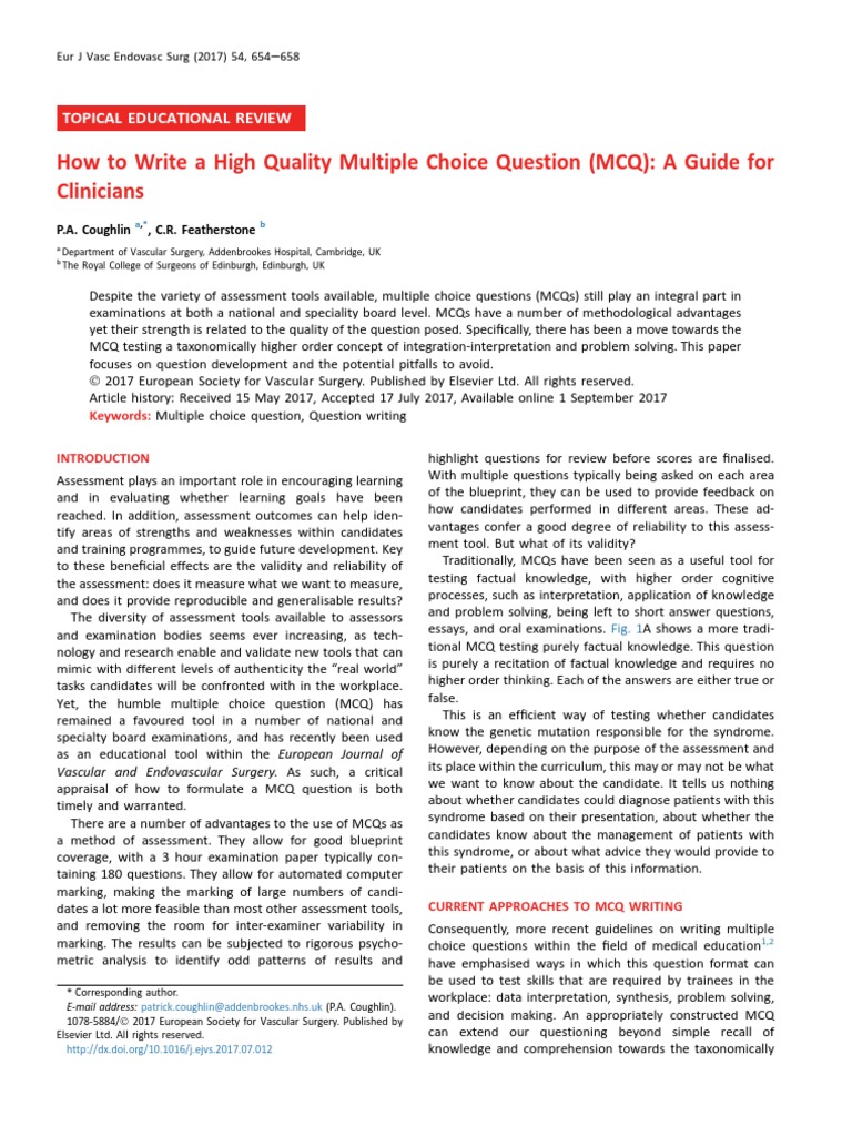 A Guide to Writing High Quality Multiple Choice Questions to ...