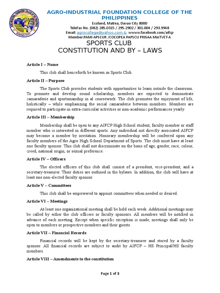Sports Club Constitution and by - Laws: Agro-Industrial Foundation ...