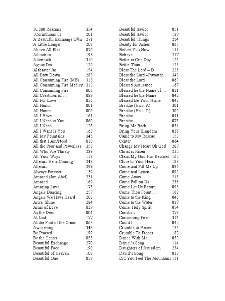 Table of Contents For Songbook | PDF | Glory (Religion) | Grace In Christianity