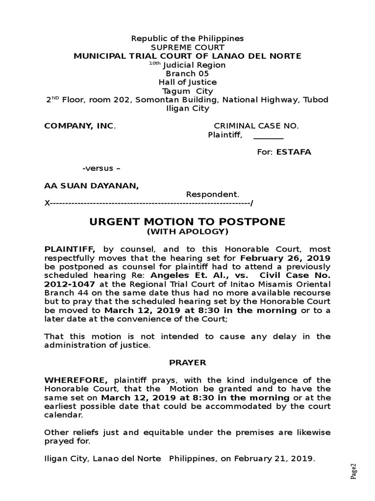 Urgent Motion To Postpone | PDF | Courts | Justice