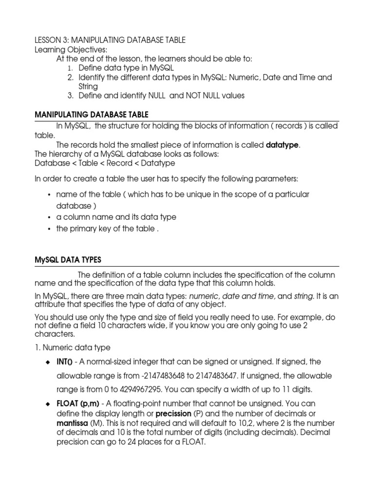 Lesson 3 Data Types | PDF | Data Type | Table (Database)