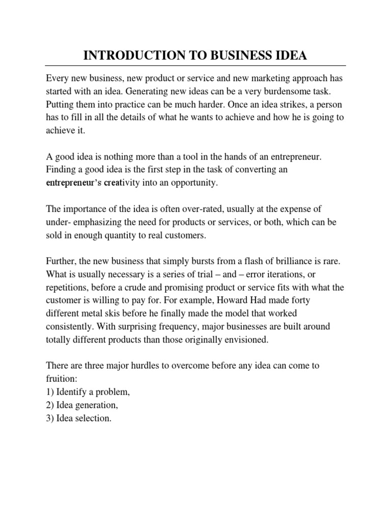 Introduction To Business Idea | PDF | Innovation | Idea