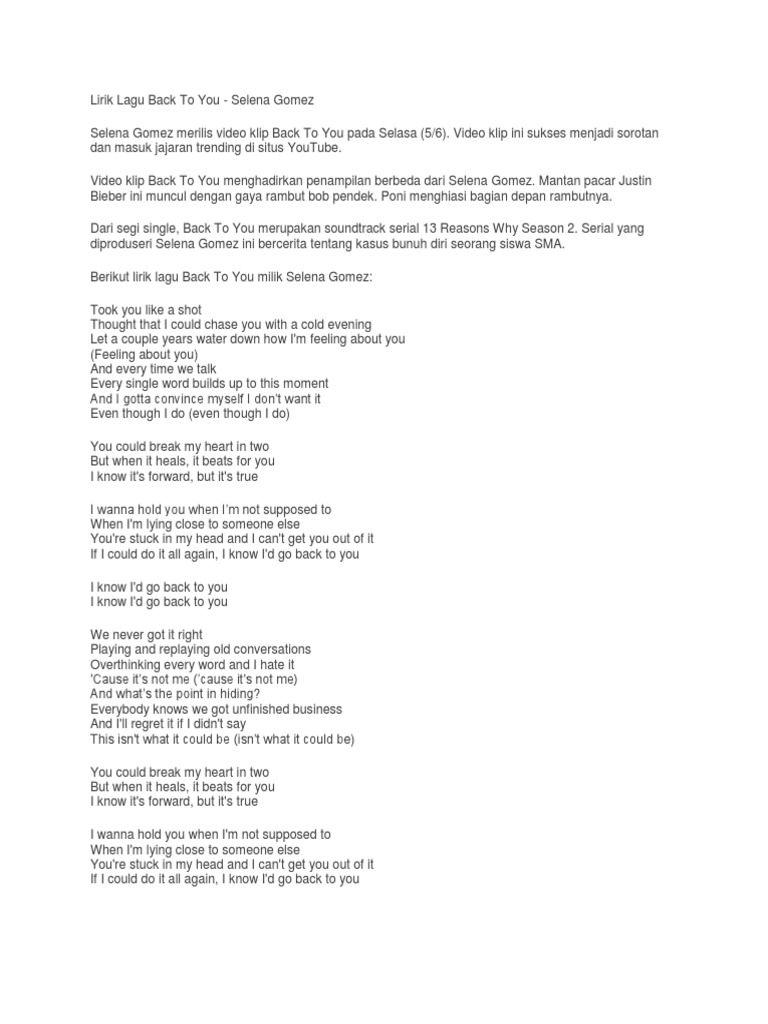 Lirik Lagu Back To You | PDF | Pop Music | Dance Music