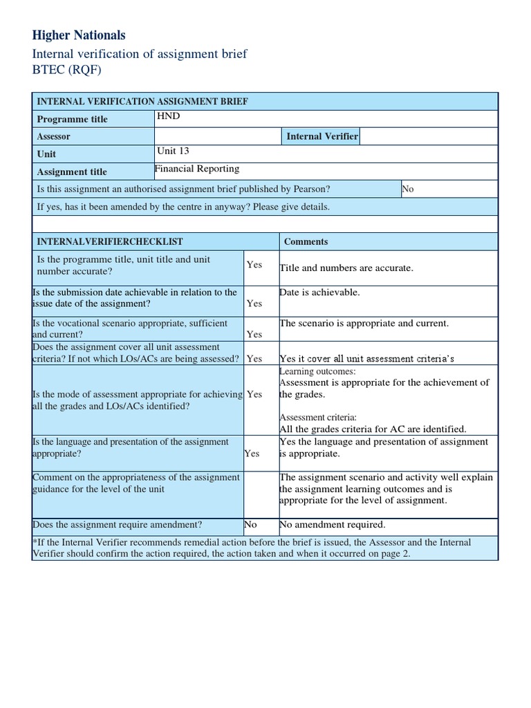 Internal Verification of Assignment Brief Btec (RQF) : Higher Nationals ...