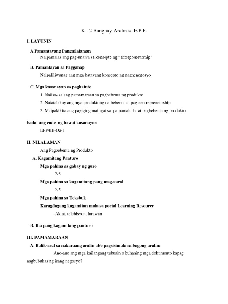 Lesson Plan in E.P.P. | PDF