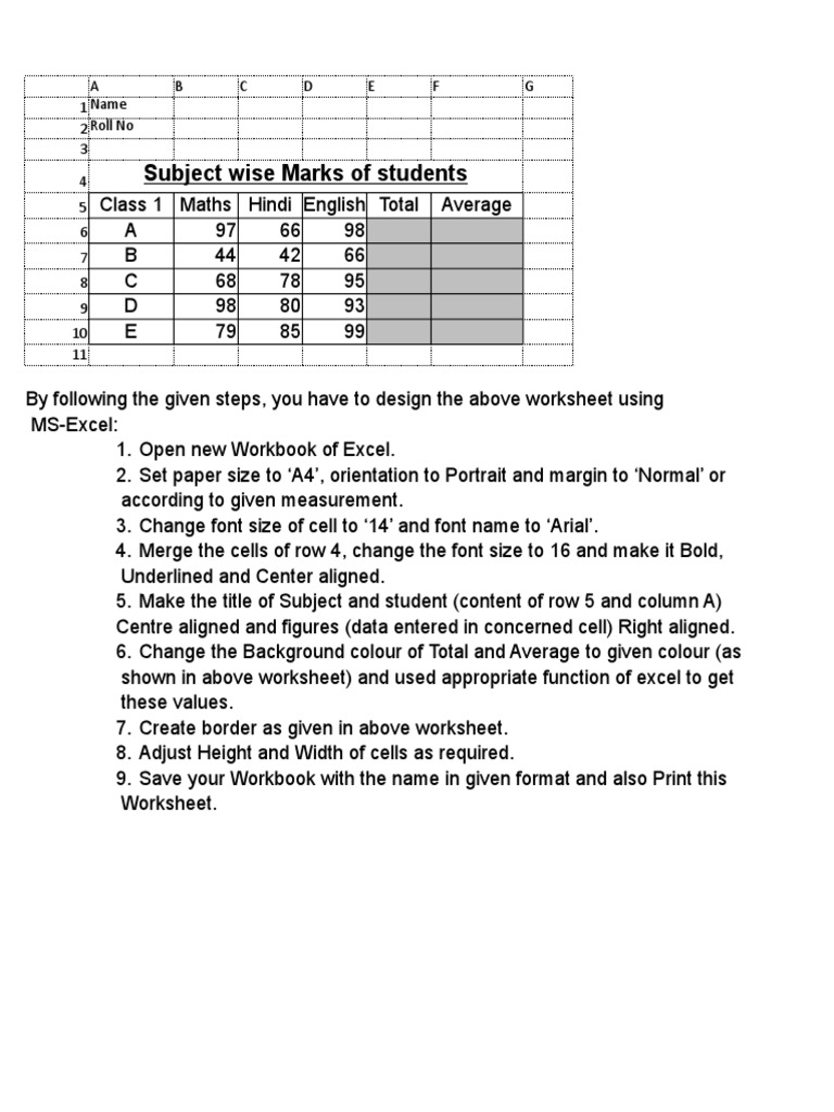 Student Marks Sheet: Designing an Excel Worksheet to Display Student ...