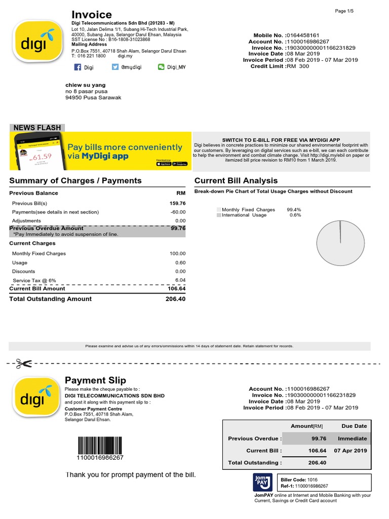 Payment Slip: Summary of Charges / Payments Current Bill Analysis | PDF | Cheque | Invoice