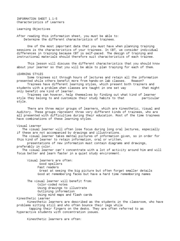 INFORMATION SHEET 11-5 Characteristics of Learners | PDF | Learning ...