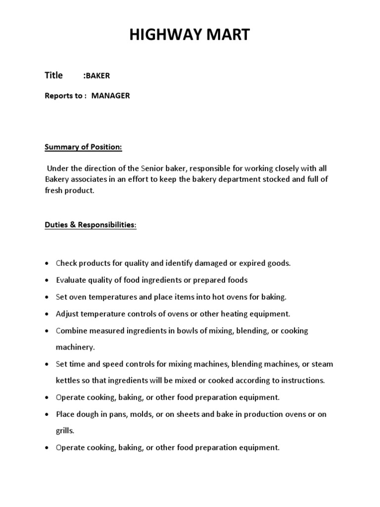 Baker Job Discription | PDF | Baking | Foods