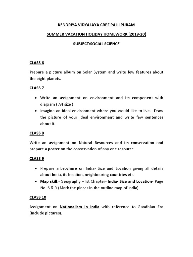 Kendriya Vidyalaya CRPF Pallipuram Summer Vacation Holiday Homework ...
