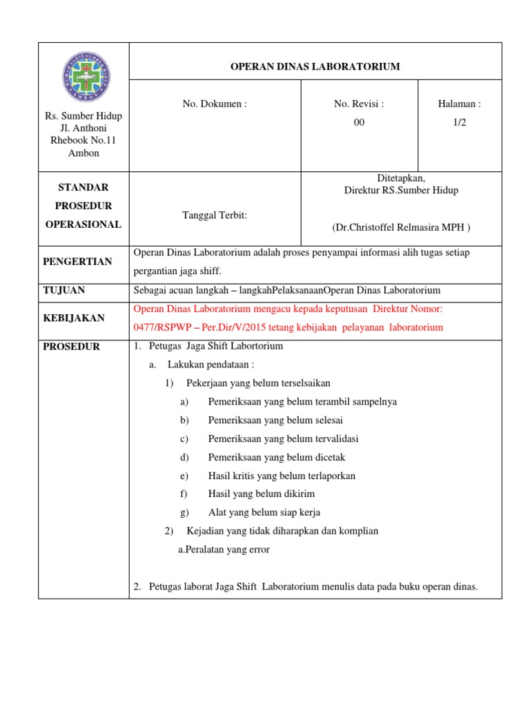 02 Spo Operan Dinas Laboratorium | PDF