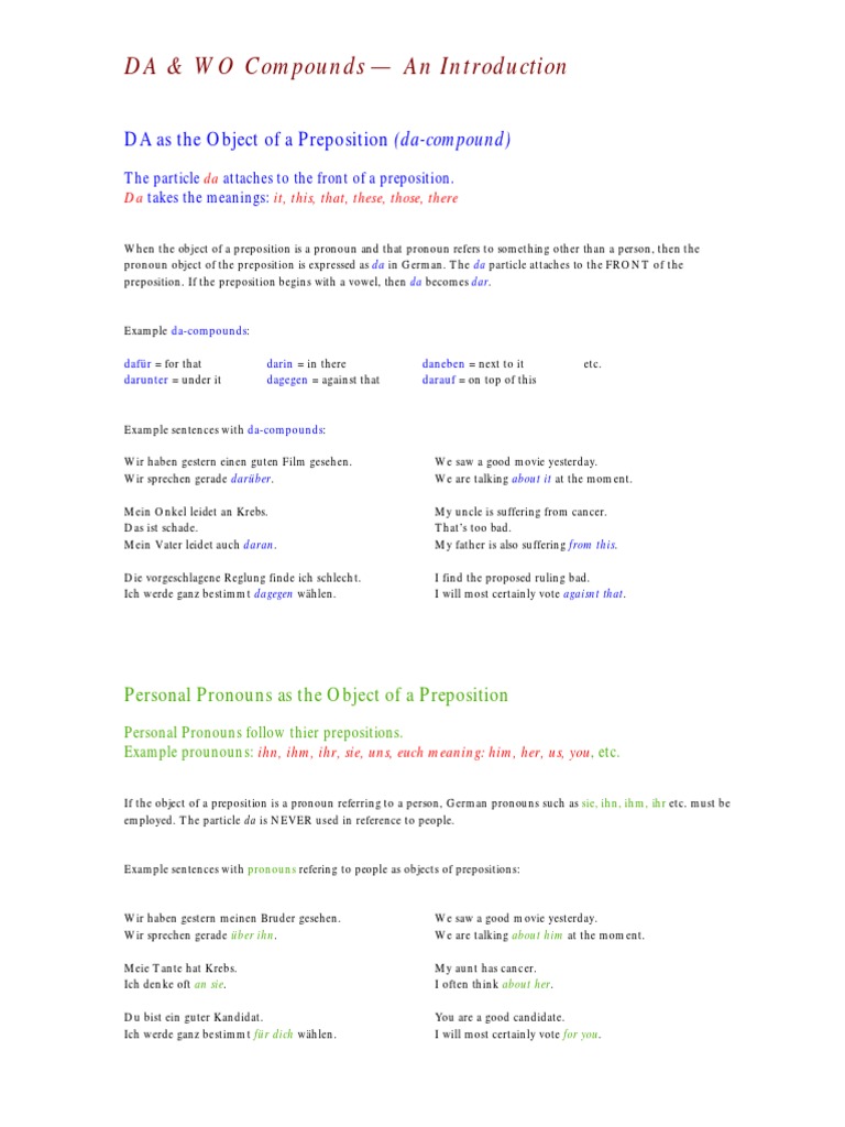 DA & WO Compounds - An Introduction: DA As The Object of A Preposition ...