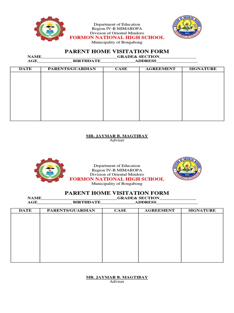 Parent Home Visitation Form: Formon National High School | PDF