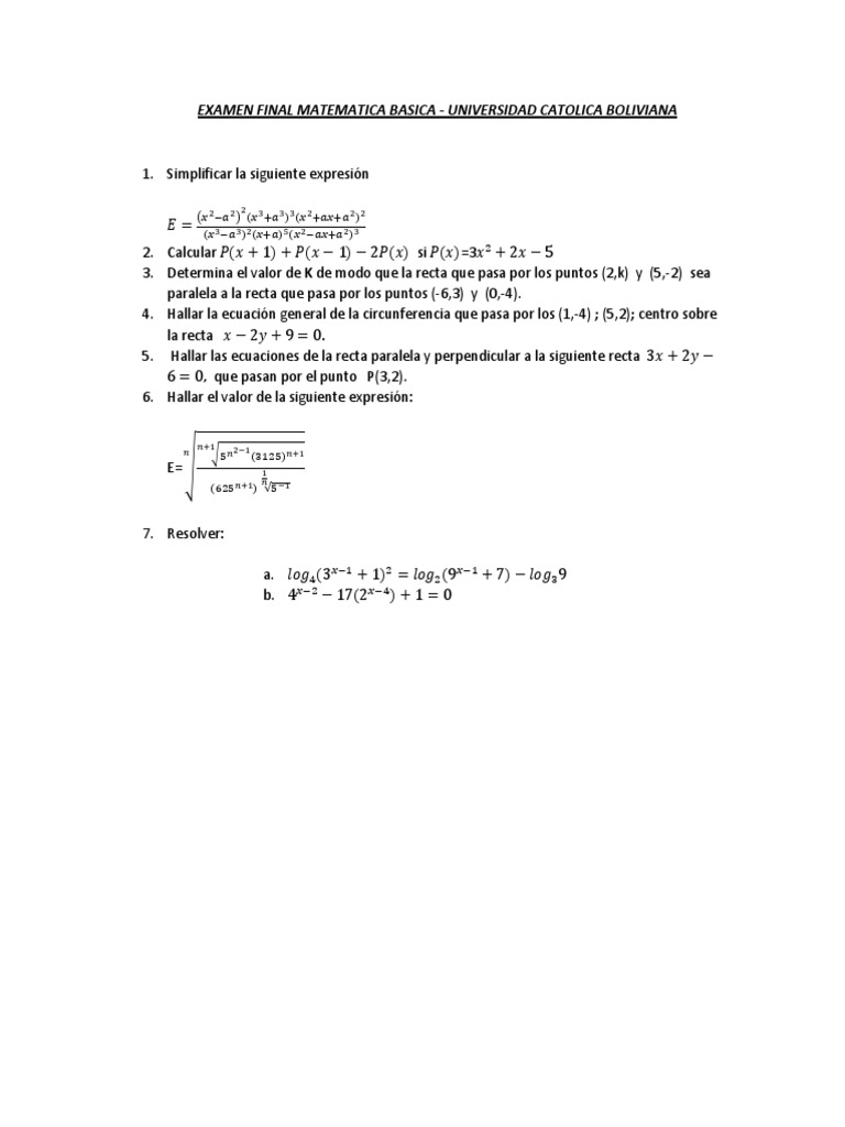 Examen Final Matematica Basica - Universidad Catolica Boliviana | PDF