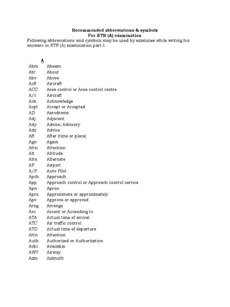 04 - Recommended Abbreviations For RTR (A) | PDF | Air Traffic Control ...