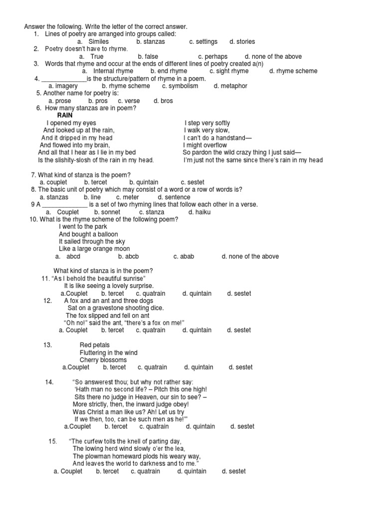 Quiz in Stanzas | PDF | Rhyme | Poetry
