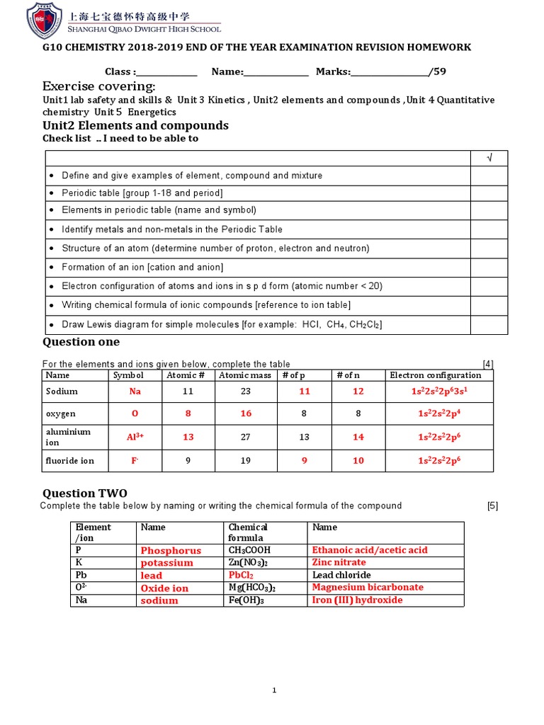 Markscheme-2018-2019 G10 Chem Final Exam Revision Assignment | PDF | Ion | Reaction Rate
