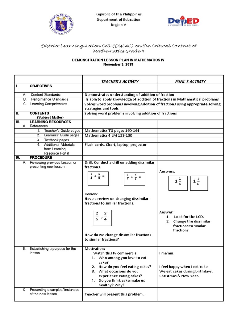 Demonstration Lesson Plan in Mathematics Iv November 9, 2018 | PDF ...