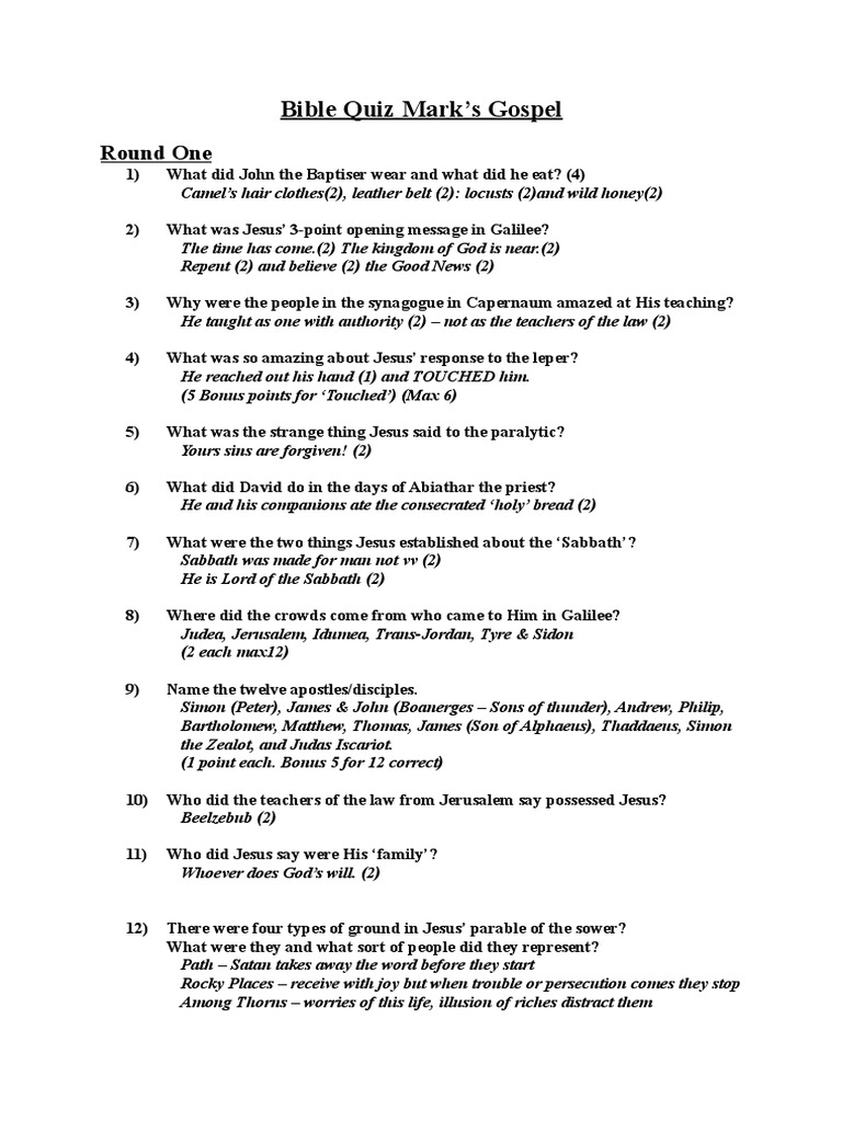 Bible Quiz: Gospel of Mark Questions | PDF | John The Baptist ...