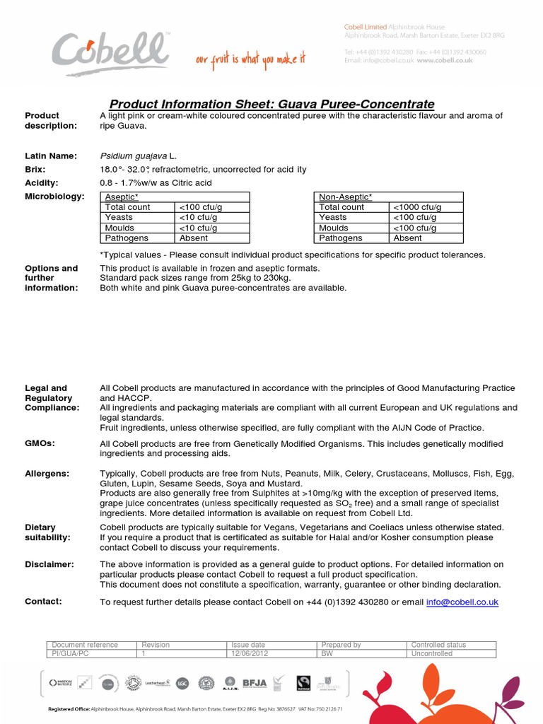 Product Information Sheet: Guava Puree-Concentrate: Psidium Guajava L ...
