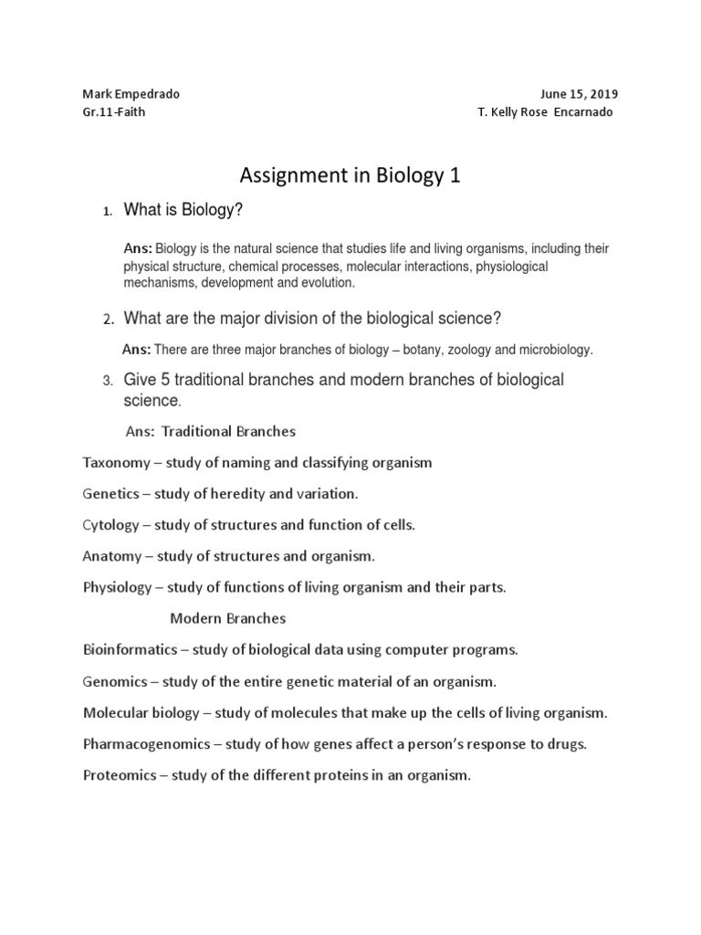Assignment in Biology 1: What Is Biology? Ans | PDF