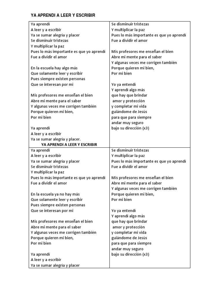 Cancion Ya Se Leer | PDF | Relaciones personales, crianza y desarrollo ...