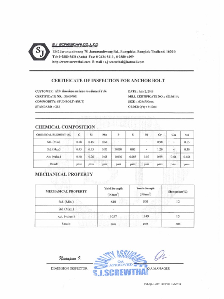 9009 Anchor Bolt and Nut Mill Certificate | PDF