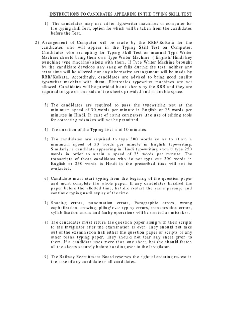 Instructions To Candidates Appearing in The Typing Skill Test | PDF ...