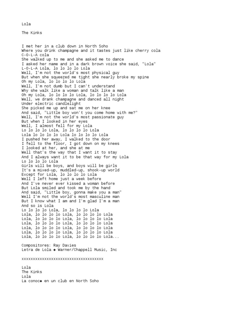 Lyrics of "Lola" by The Kinks | PDF | Song Recordings Produced | Songs ...