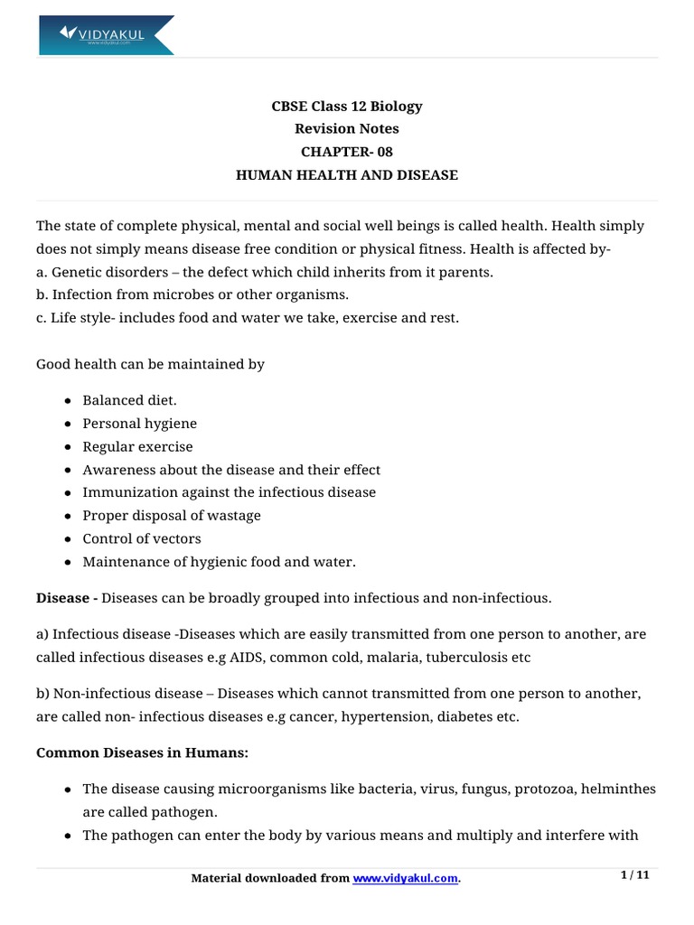 Class 12 Human Health & Disease Notes | PDF | Immune System | Antibody