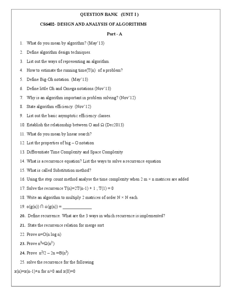 Question Bank Unit I Cs6402 Design And Analysis Of Algorithms Part A Pdf Recurrence