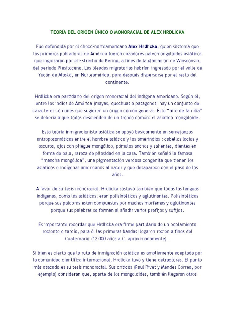 Teoría Del Origen Único o Monoracial de Alex Hrdlicka | PDF