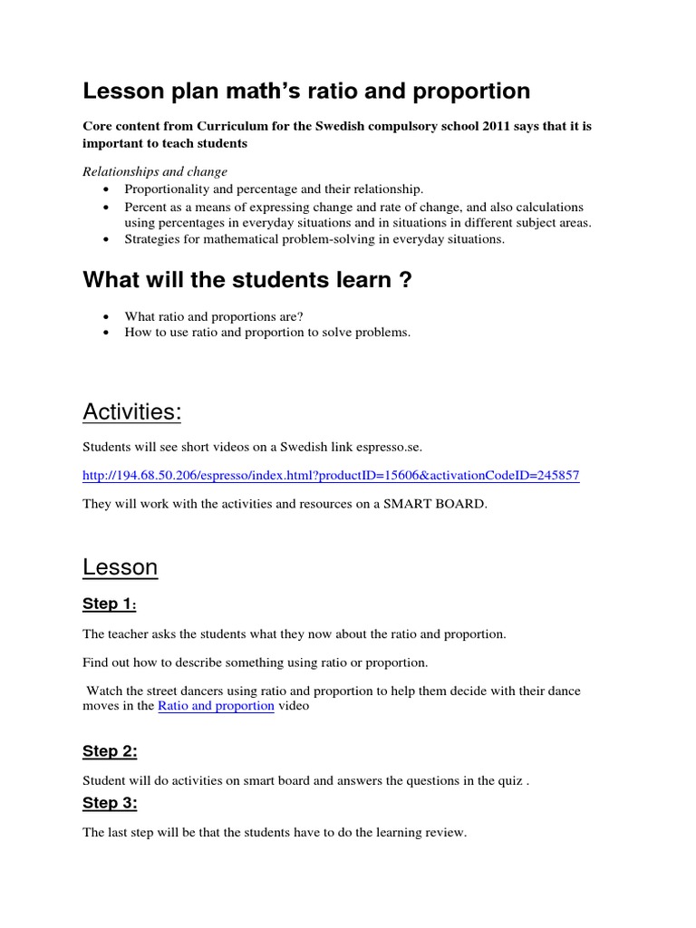 Lesson Plan Math's Ratio and Proportion: Activities | PDF | Career & Growth
