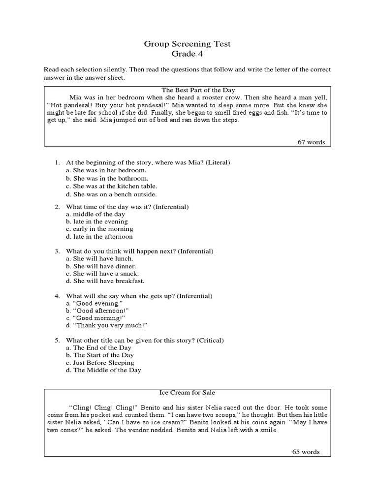 Group Screening Test for Grade 4 | PDF | Coral Reef | Sea